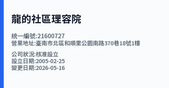 龍的社區理容院的照片-統編 21600727(臺南市) 公司登記資料與營業項目詳細圖表