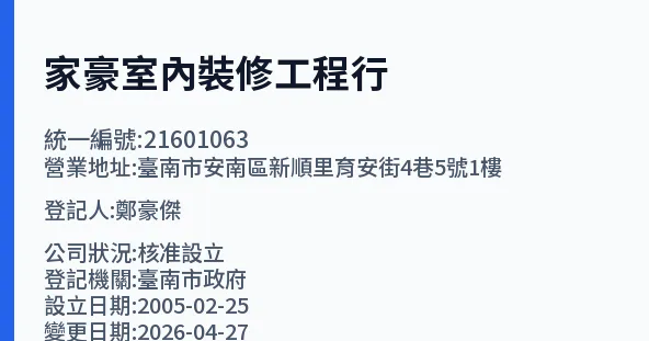 家豪室內裝修工程行的照片-統編 21601063(臺南市) 公司登記資料與營業項目詳細圖表