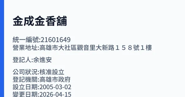 金成金香舖的照片-統編 21601649(高雄市) 公司登記資料與營業項目詳細圖表