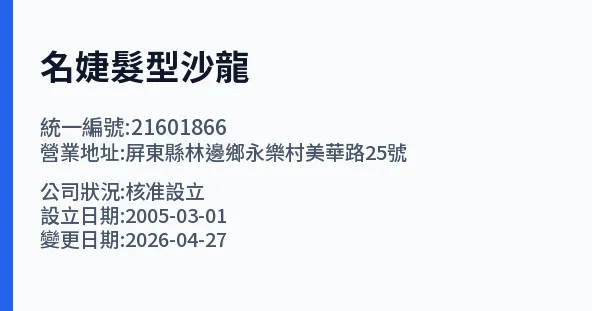 名婕髮型沙龍的照片-統編 21601866(屏東縣) 公司登記資料與營業項目詳細圖表