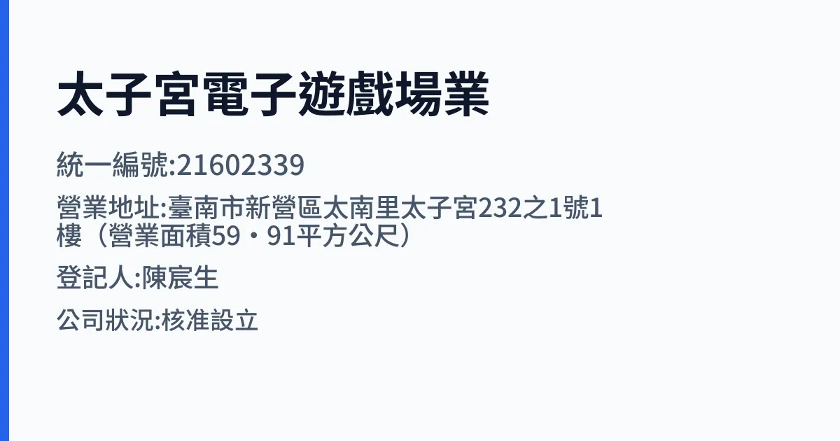 太子宮電子遊戲場業 - 統編 21602339(臺南市) 公司登記資料與營業項目詳細圖表