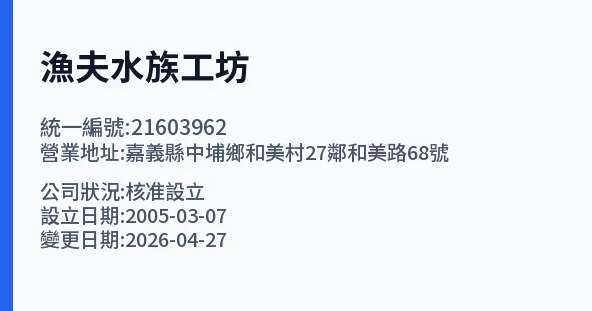 漁夫水族工坊的照片-統編 21603962(嘉義縣) 公司登記資料與營業項目詳細圖表
