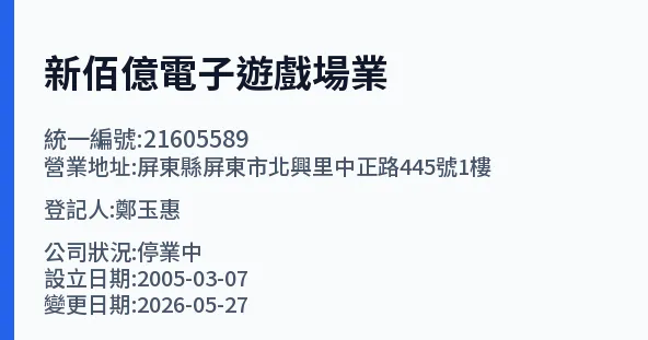 新佰億電子遊戲場業的照片-統編 21605589(屏東縣) 公司登記資料與營業項目詳細圖表