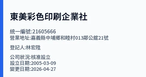東美彩色印刷企業社的照片-統編 21605666(嘉義縣) 公司登記資料與營業項目詳細圖表