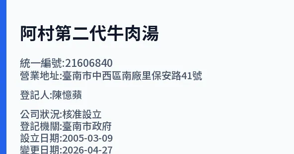 阿村第二代牛肉湯的照片-統編 21606840(臺南市) 公司登記資料與營業項目詳細圖表