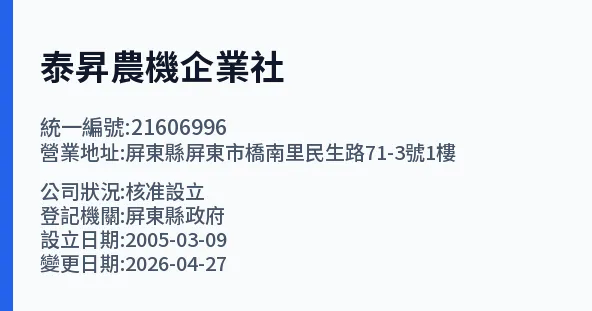 泰昇農機企業社的照片-統編 21606996(屏東縣) 公司登記資料與營業項目詳細圖表