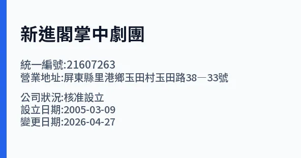 新進閣掌中劇團的照片-統編 21607263(屏東縣) 公司登記資料與營業項目詳細圖表