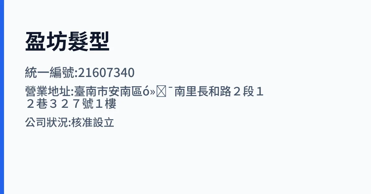 盈坊髮型 - 統編 21607340(臺南市) 公司登記資料與營業項目詳細圖表