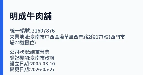 明成牛肉舖的照片-統編 21607876(臺南市) 公司登記資料與營業項目詳細圖表