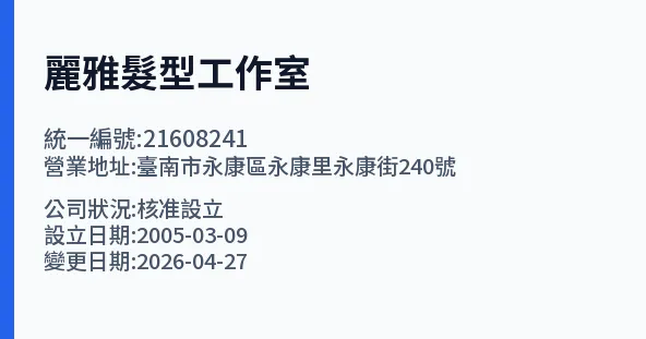 麗雅髮型工作室的照片-統編 21608241(臺南市) 公司登記資料與營業項目詳細圖表