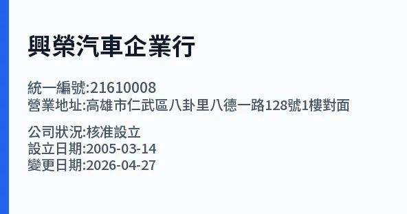 興榮汽車企業行的照片-統編 21610008(高雄市) 公司登記資料與營業項目詳細圖表