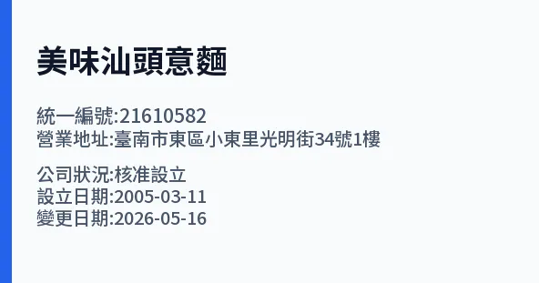 美味汕頭意麵的照片-統編 21610582(臺南市) 公司登記資料與營業項目詳細圖表