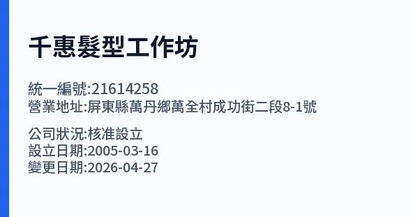 千惠髮型工作坊的照片-統編 21614258(屏東縣) 公司登記資料與營業項目詳細圖表