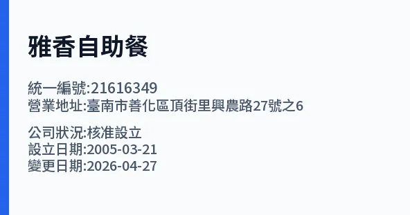 雅香自助餐的照片-統編 21616349(臺南市) 公司登記資料與營業項目詳細圖表