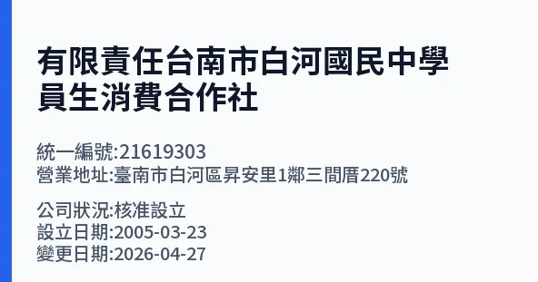 有限責任台南市白河國民中學員生消費合作社的照片-統編 21619303(臺南市) 公司登記資料與營業項目詳細圖表