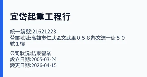 宜岱起重工程行的照片-統編 21621223(高雄市) 公司登記資料與營業項目詳細圖表