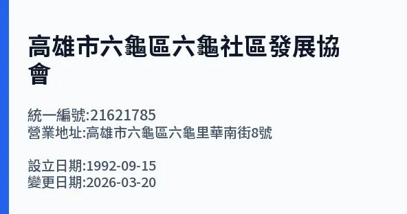 高雄市六龜區六龜社區發展協會的照片-統編 21621785(高雄市) 公司登記資料與營業項目詳細圖表