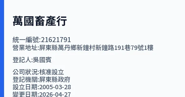 萬國畜產行的照片-統編 21621791(屏東縣) 公司登記資料與營業項目詳細圖表