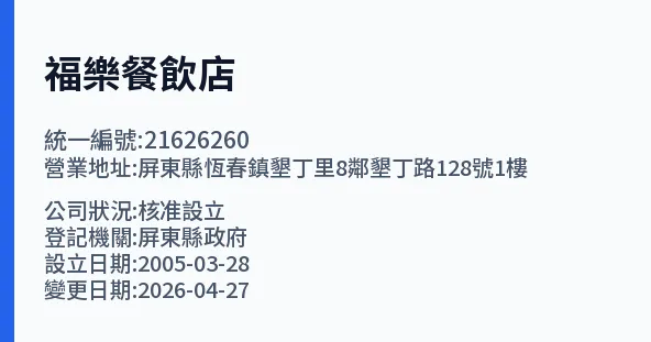 福樂餐飲店的照片-統編 21626260(屏東縣) 公司登記資料與營業項目詳細圖表