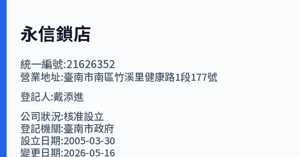 永信鎖店的照片-統編 21626352(臺南市) 公司登記資料與營業項目詳細圖表