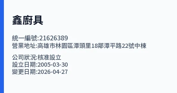 鑫廚具的照片-統編 21626389(高雄市) 公司登記資料與營業項目詳細圖表