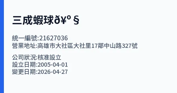 三成蝦球𥺧的照片-統編 21627036(高雄市) 公司登記資料與營業項目詳細圖表