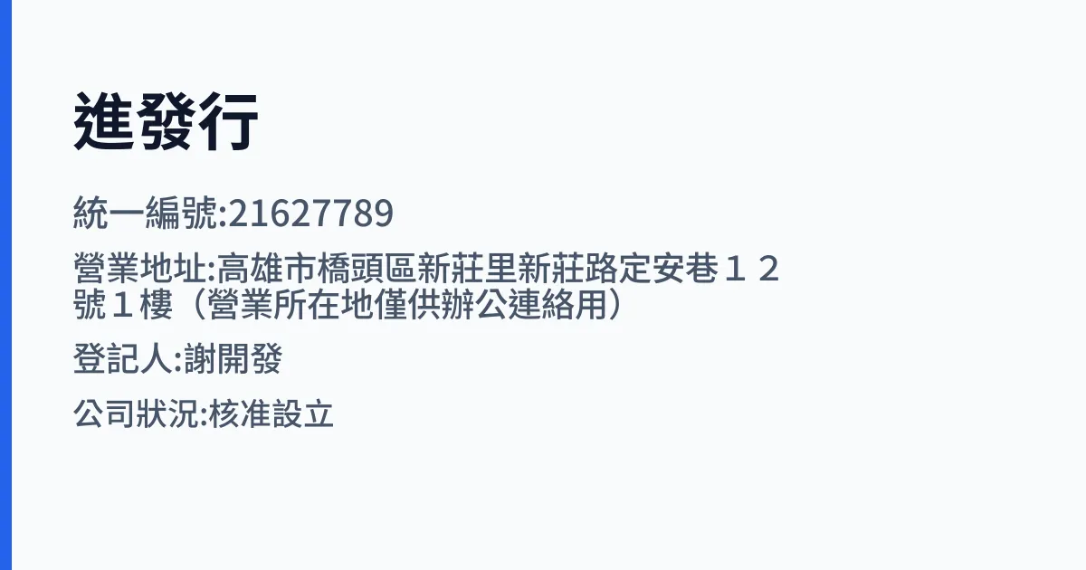 進發行 - 統編 21627789(高雄市) 公司登記資料與營業項目詳細圖表