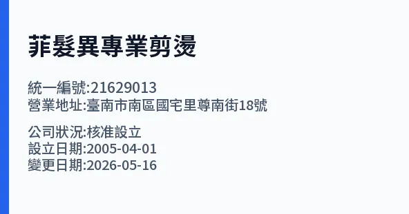 菲髮異專業剪燙的照片-統編 21629013(臺南市) 公司登記資料與營業項目詳細圖表