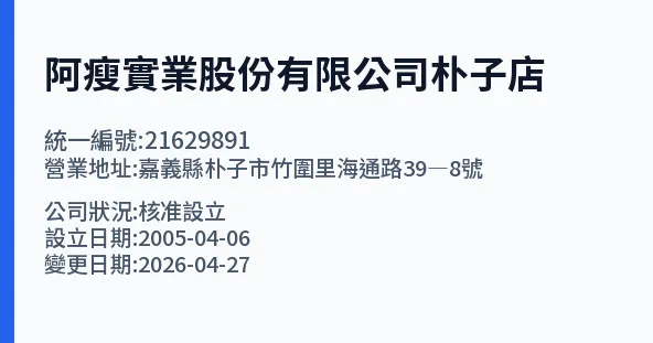 阿瘦實業股份有限公司朴子店的照片-統編 21629891(嘉義縣) 公司登記資料與營業項目詳細圖表