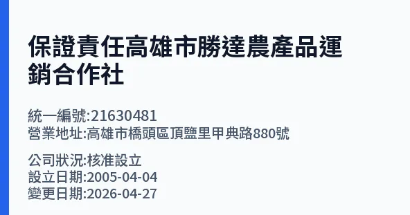 保證責任高雄市勝達農產品運銷合作社的照片-統編 21630481(高雄市) 公司登記資料與營業項目詳細圖表