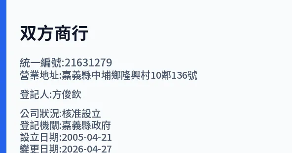 双方商行的照片-統編 21631279(嘉義縣) 公司登記資料與營業項目詳細圖表