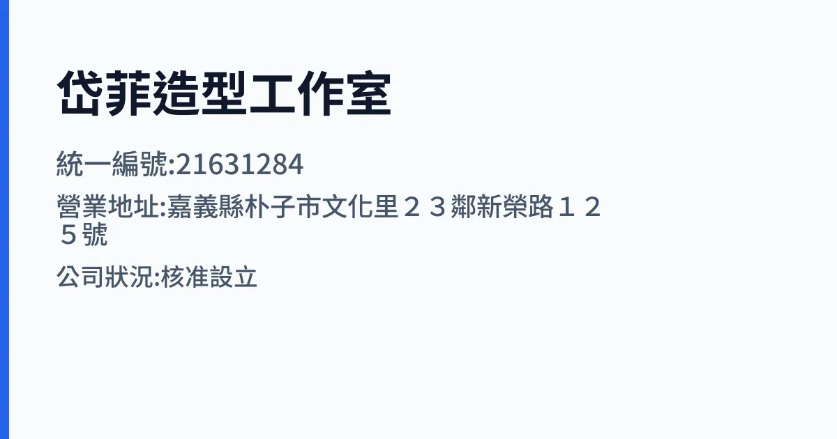 岱菲造型工作室 - 統編 21631284(嘉義縣) 公司登記資料與營業項目詳細圖表