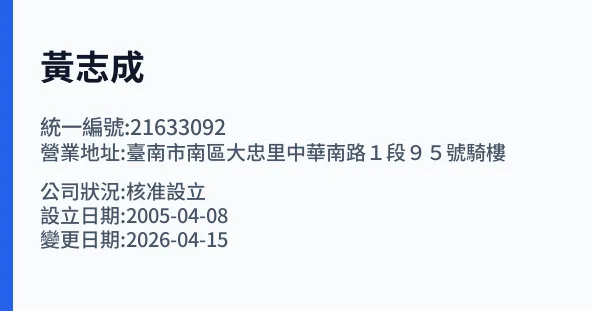 黃志成的照片-統編 21633092(臺南市) 公司登記資料與營業項目詳細圖表