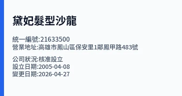 黛妃髮型沙龍的照片-統編 21633500(高雄市) 公司登記資料與營業項目詳細圖表