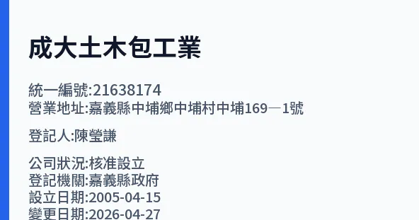 成大土木包工業的照片-統編 21638174(嘉義縣) 公司登記資料與營業項目詳細圖表