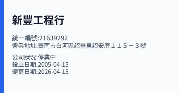 新豐工程行的照片-統編 21639292(臺南市) 公司登記資料與營業項目詳細圖表