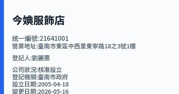 今婰服飾店的照片-統編 21641001(臺南市) 公司登記資料與營業項目詳細圖表