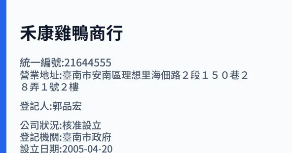 禾康雞鴨商行的照片-統編 21644555(臺南市) 公司登記資料與營業項目詳細圖表