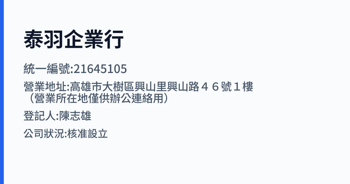 泰羽企業行 - 統編 21645105(高雄市) 公司登記資料與營業項目詳細圖表