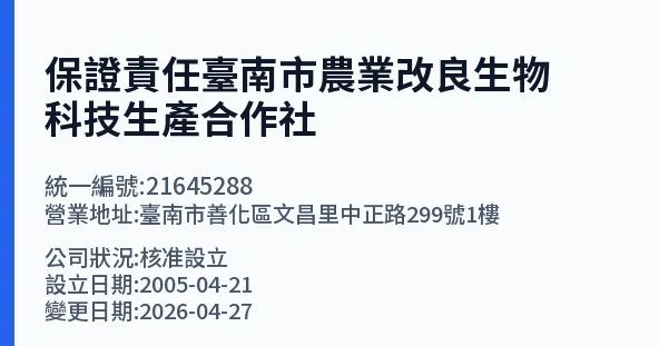 保證責任臺南市農業改良生物科技生產合作社的照片-統編 21645288(臺南市) 公司登記資料與營業項目詳細圖表