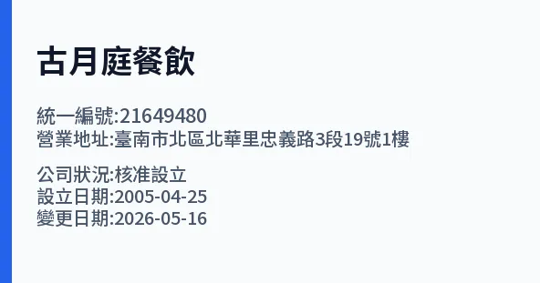 古月庭餐飲的照片-統編 21649480(臺南市) 公司登記資料與營業項目詳細圖表