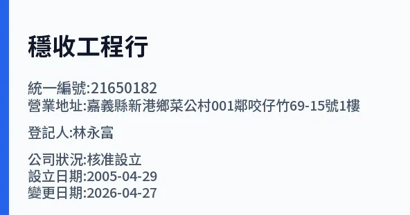 穩收工程行的照片-統編 21650182(嘉義縣) 公司登記資料與營業項目詳細圖表