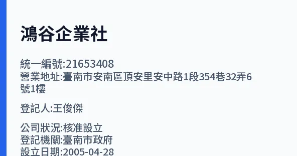 鴻谷企業社的照片-統編 21653408(臺南市) 公司登記資料與營業項目詳細圖表