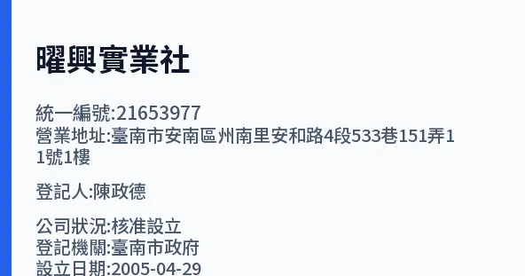 曜興實業社的照片-統編 21653977(臺南市) 公司登記資料與營業項目詳細圖表
