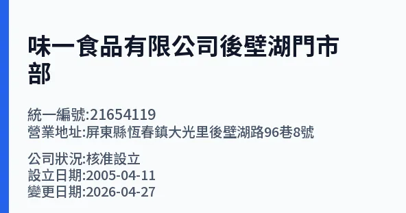 味一食品有限公司後壁湖門市部的照片-統編 21654119(屏東縣) 公司登記資料與營業項目詳細圖表