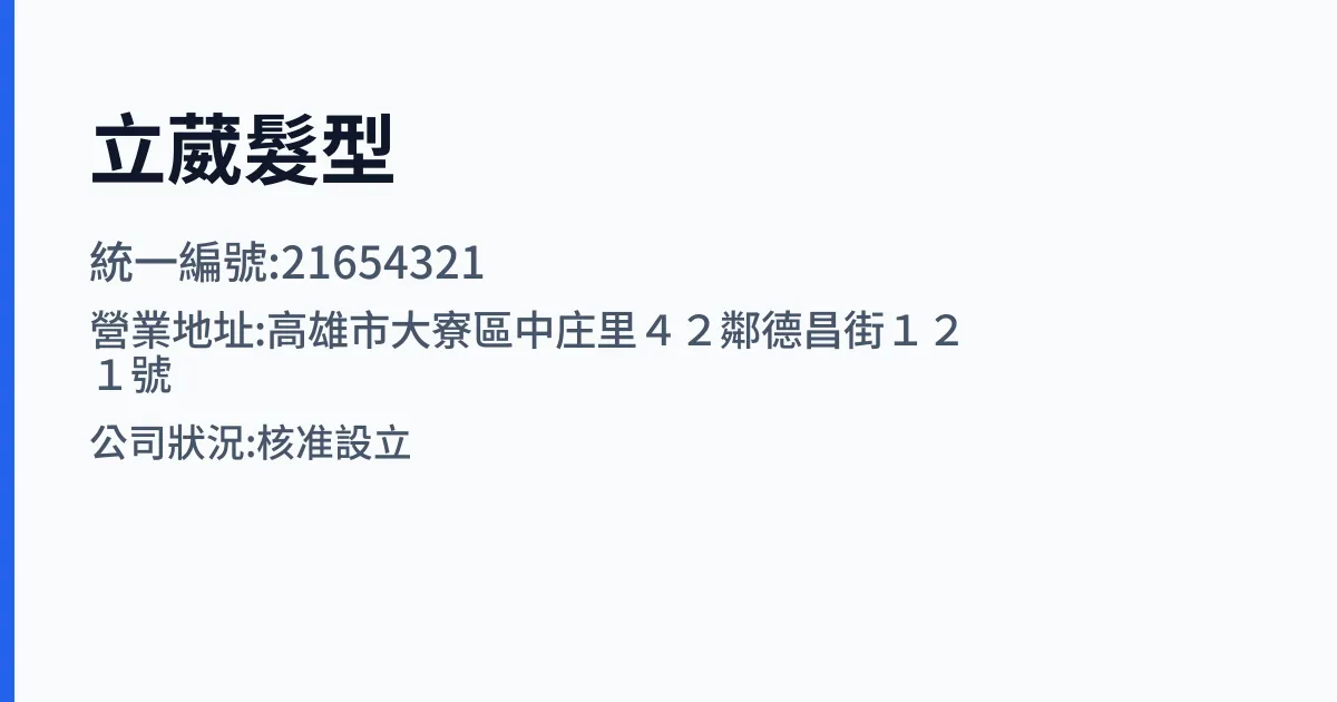 立葳髮型 - 統編 21654321(高雄市) 公司登記資料與營業項目詳細圖表