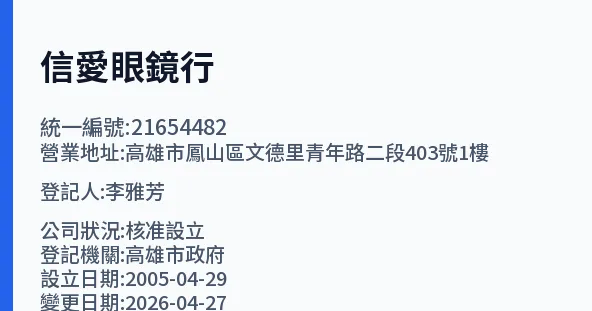 信愛眼鏡行的照片-統編 21654482(高雄市) 公司登記資料與營業項目詳細圖表
