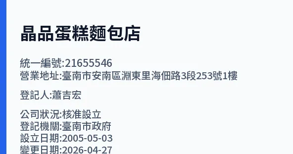 晶品蛋糕麵包店的照片-統編 21655546(臺南市) 公司登記資料與營業項目詳細圖表