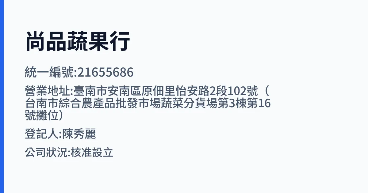 尚品蔬果行 - 統編 21655686(臺南市) 公司登記資料與營業項目詳細圖表