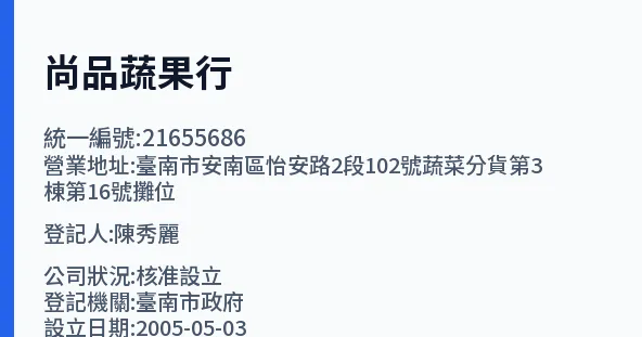 尚品蔬果行的照片-統編 21655686(臺南市) 公司登記資料與營業項目詳細圖表